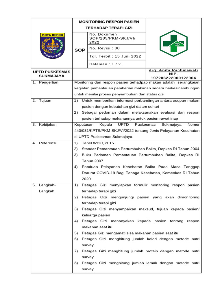(Sop) Monitoring Respon Pasien Terhadap Terapi Gizi | PDF