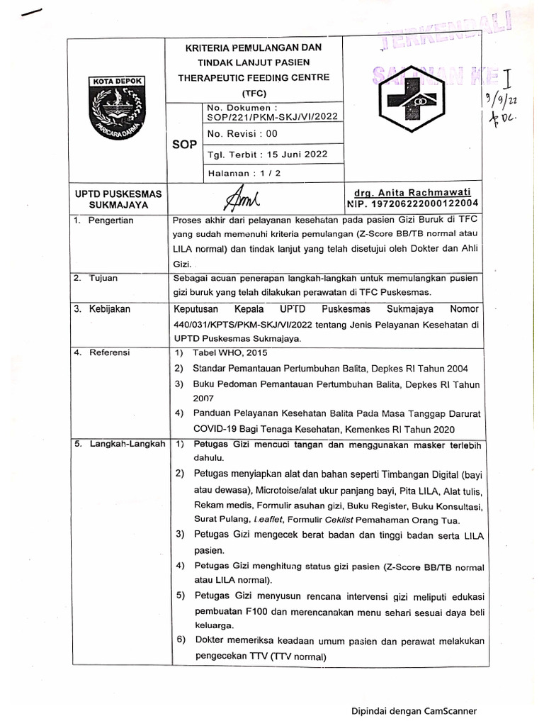 (Sop) Kriteria Pemulangan Dan Tindak Lanjut Pasien Tehrapeutic Feeding Center (TFC) | PDF