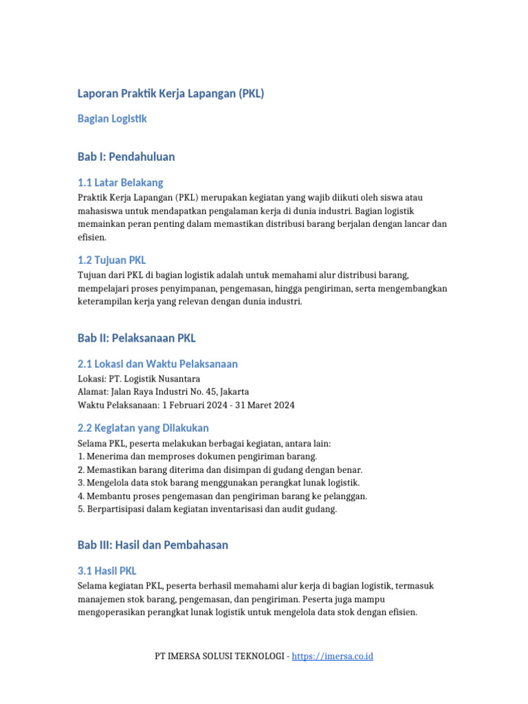 Contoh Laporan PKL Bagian Logistik | PDF
