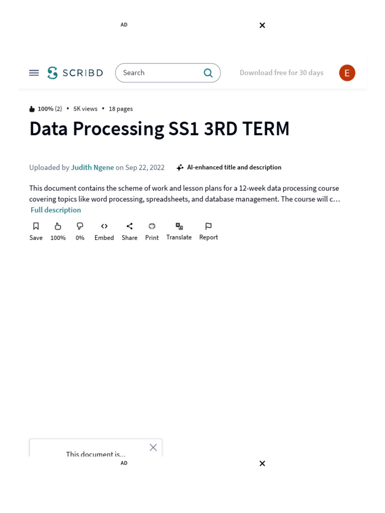 Data Processing SS1 3RD TERM - PDF - Databases - Relational Database | PDF | Scribd | Computing