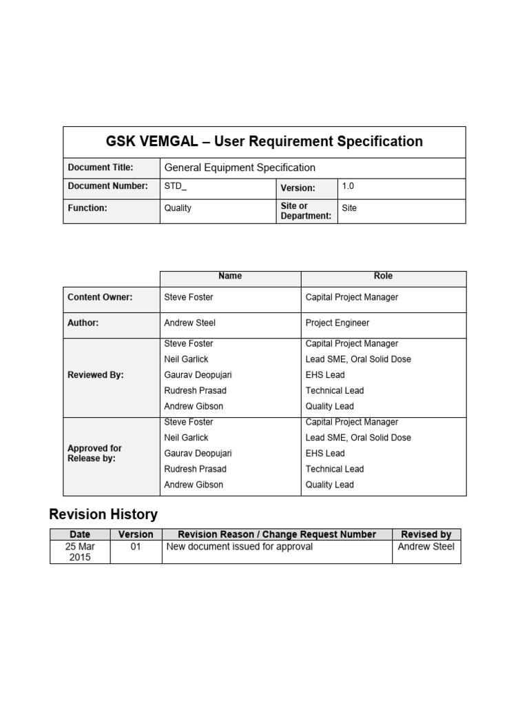 General Equipment Specification Approved URS | PDF