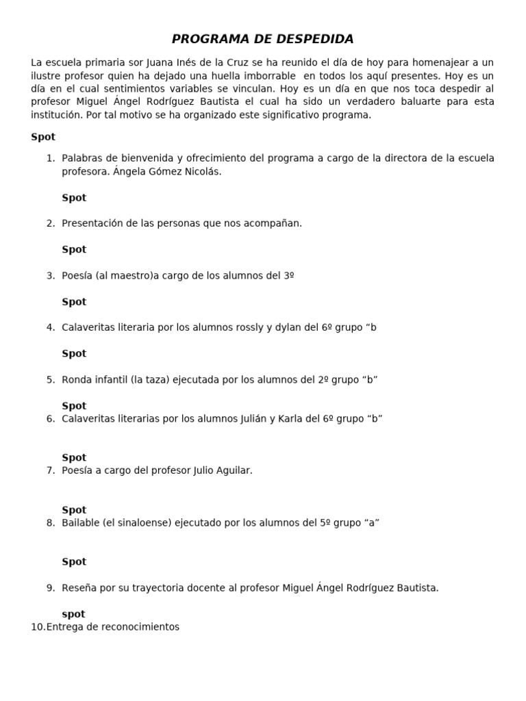 Programa de Despedida | PDF