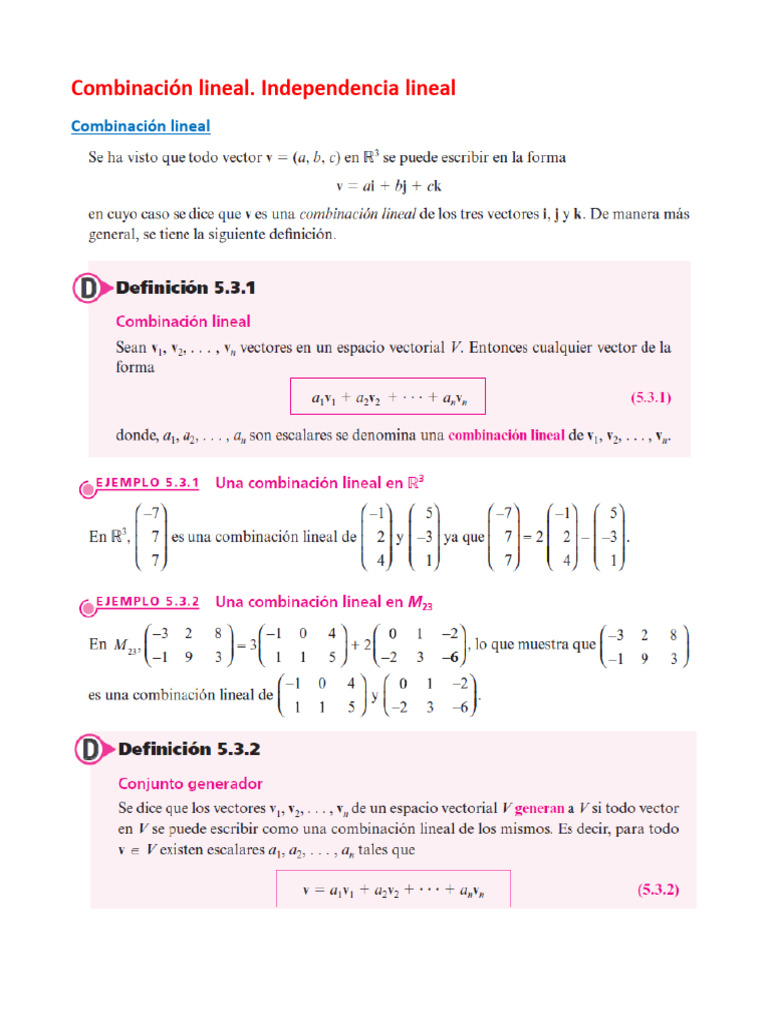 Combinación Lineal. Independencia Lineal | PDF