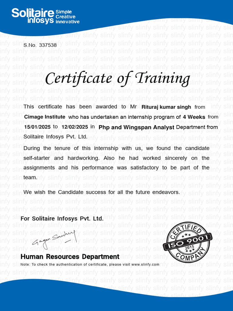 Solitaire Infosys Certificate | PDF