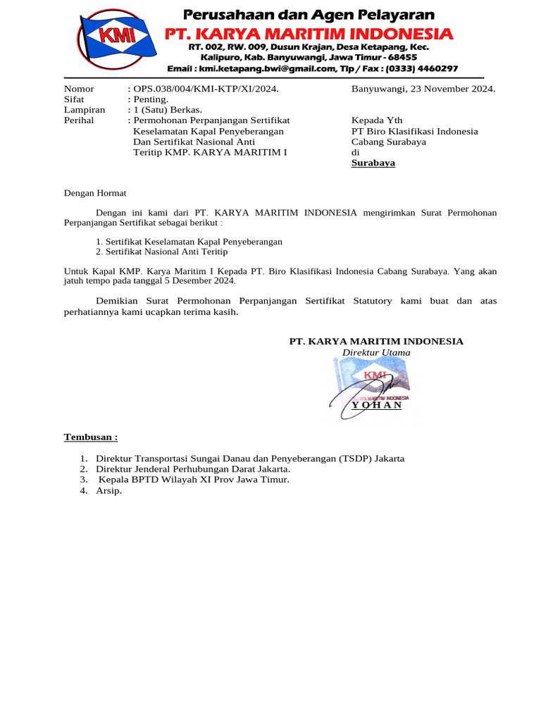 Perpanjangan Sertifikat KMP Karya Maritim I | PDF