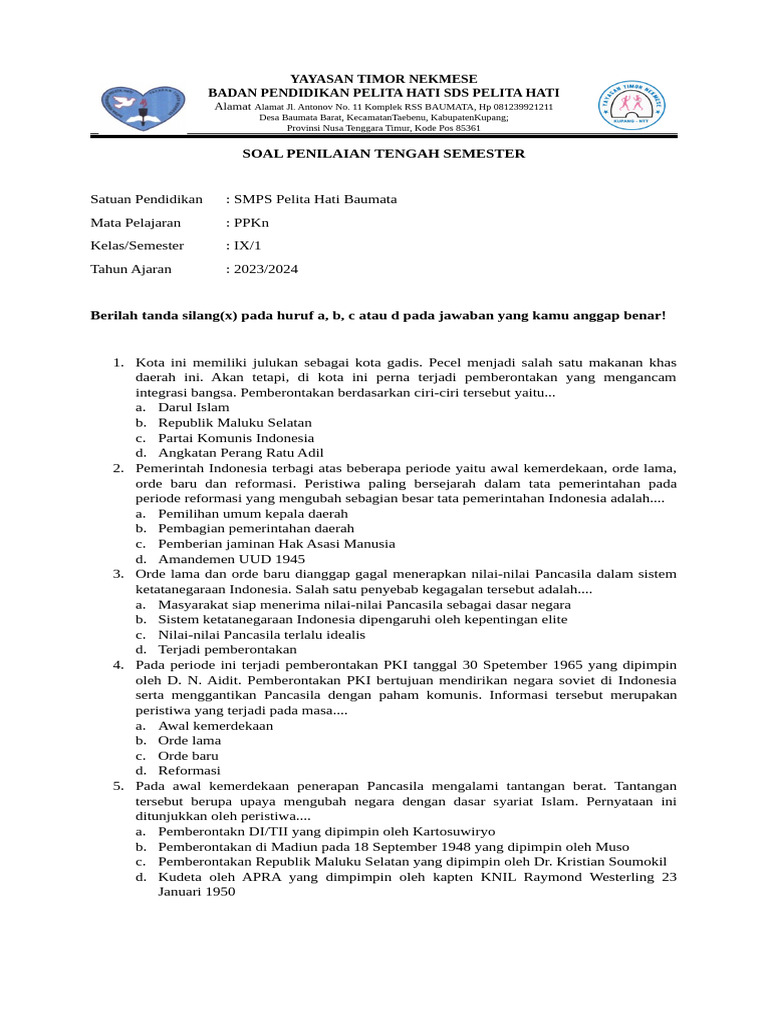 Soal PTS PPKN Kelas 9 | PDF