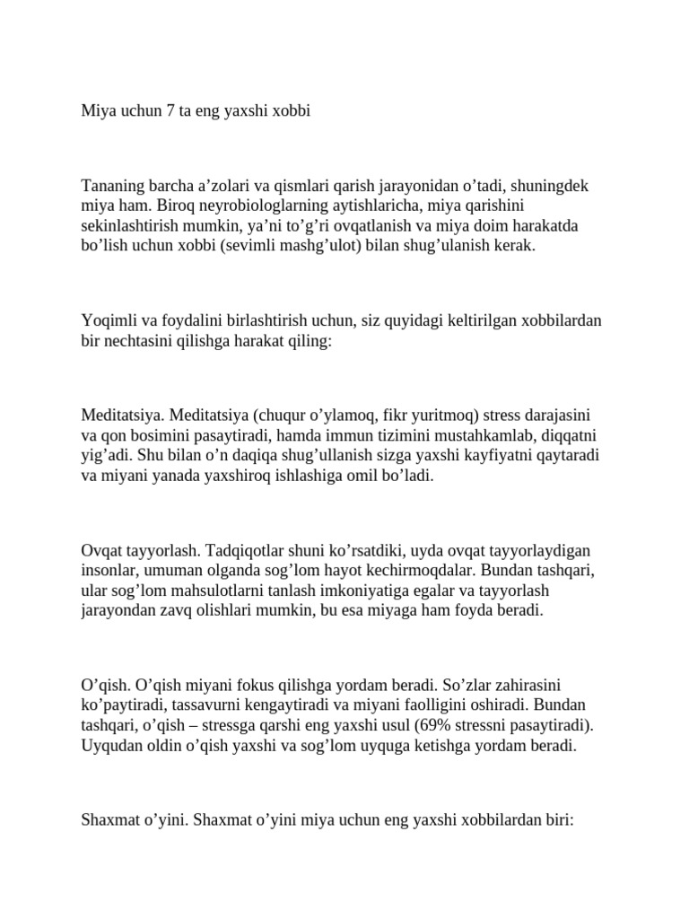 Miya Uchun Eng Yaxshi 7 Xobbi (@bekatimda) | PDF