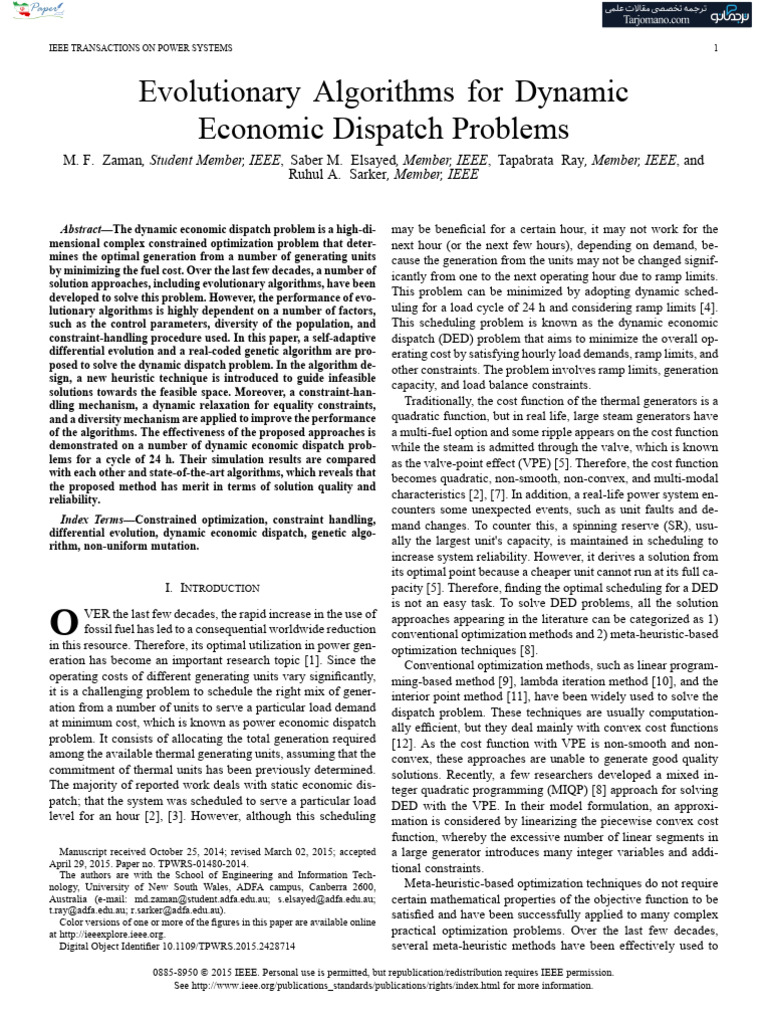 Evolutionary Algorithms for Dynamic Dispatch | PDF | Mathematical Optimization | Genetic Algorithm