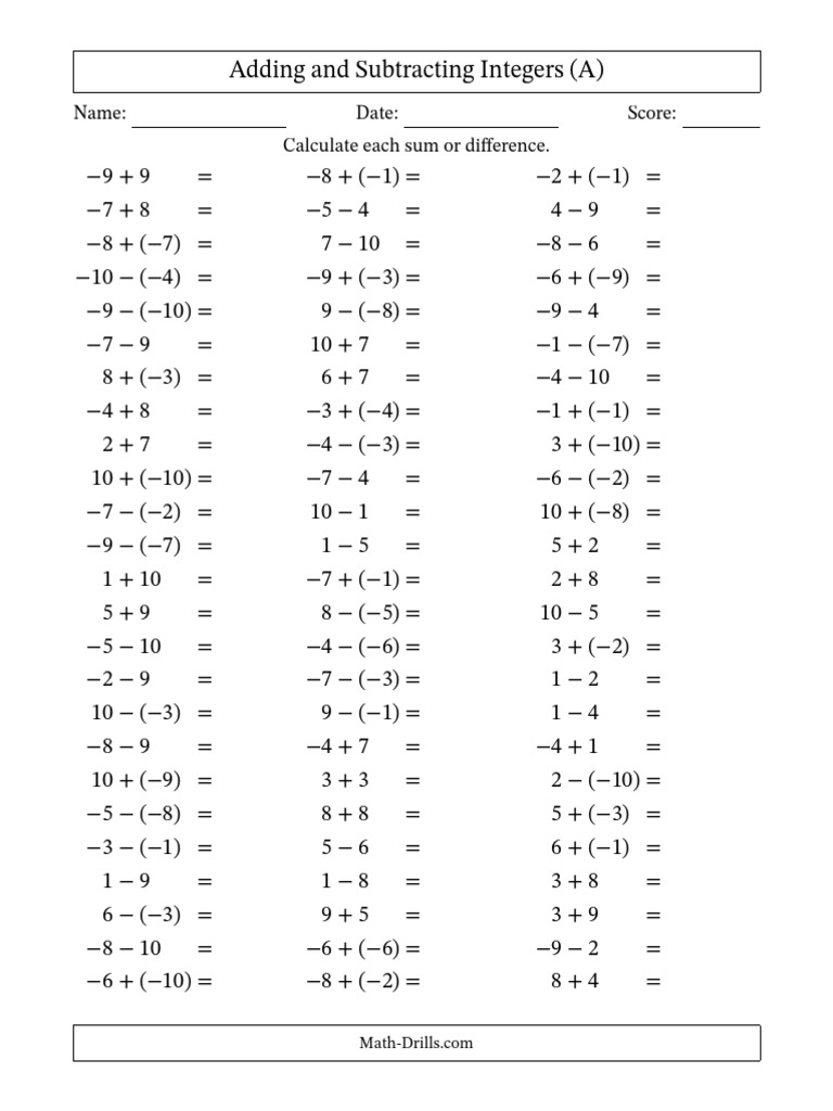 Integers Addition and Subtraction Easy 001qp.1695222253 | PDF
