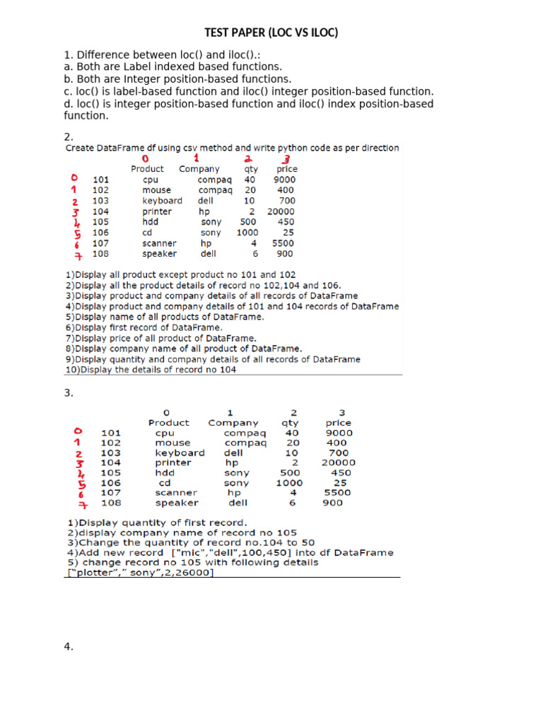 Test Paper Loc VS Iloc | PDF