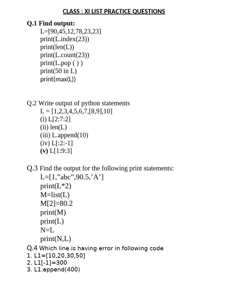 Python Practice Questions for Class XI | PDF