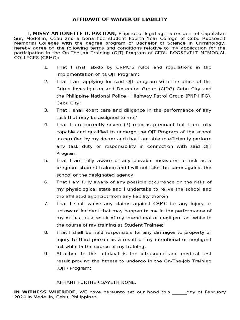 Waiver.of.Liability.ojt | PDF | Affidavit | Justice