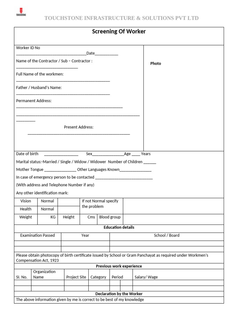Worker Screening Format Document | PDF | Employment | Business