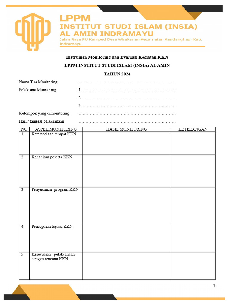 Instrumen Monitoring dan Evaluasi Kegiatan KKN_Insia | PDF