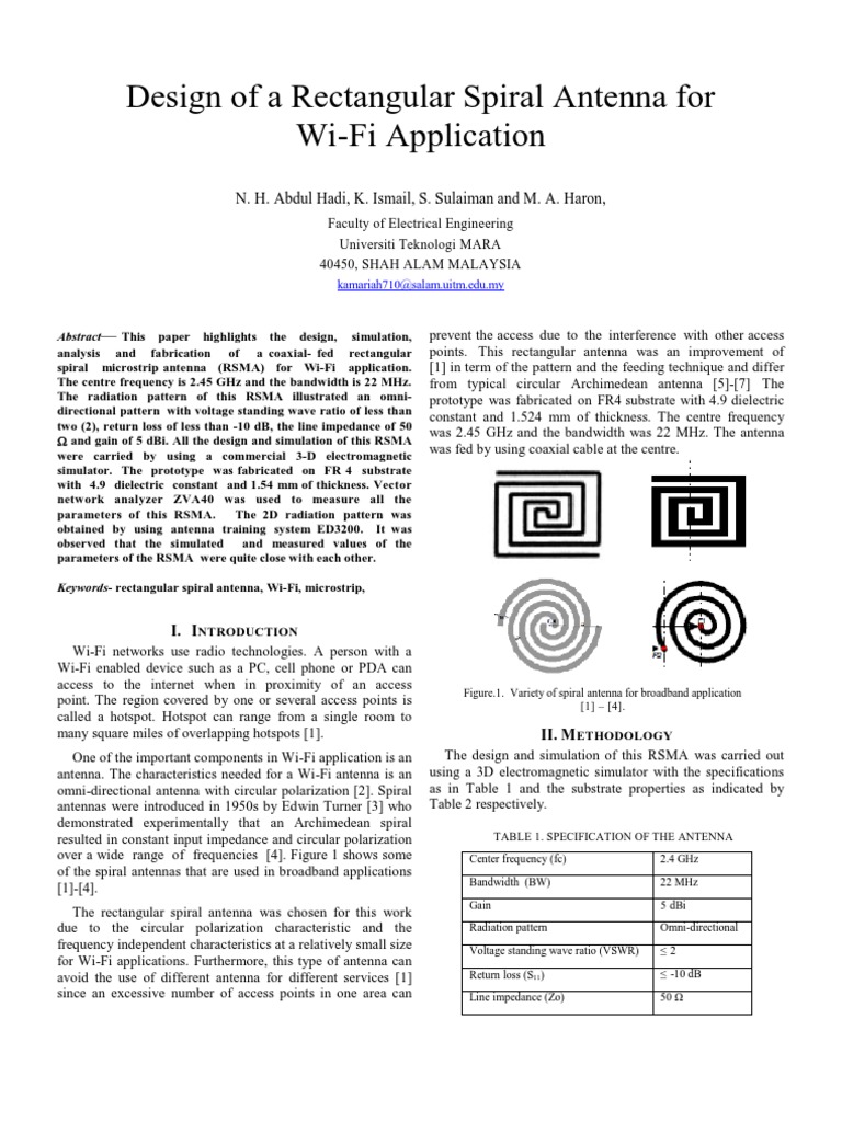 Design of A Rectangular Spiral Antenna For | PDF | Antenna (Radio) | Coaxial Cable
