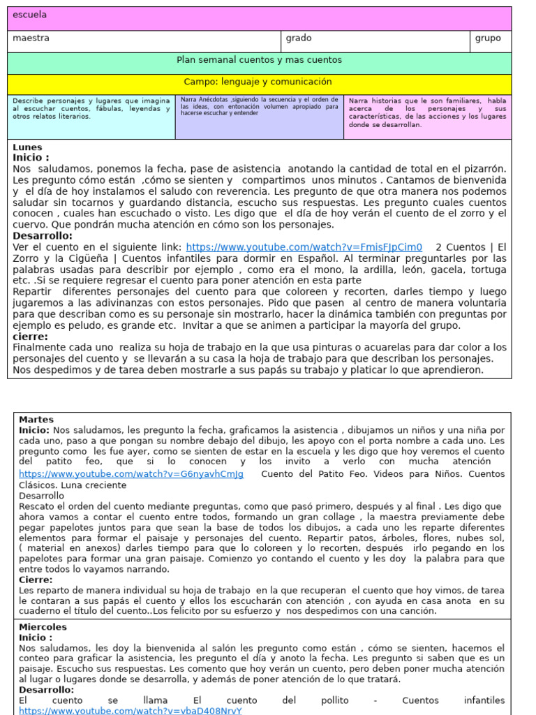 Plan Semanal de Cuentos para Niños | PDF