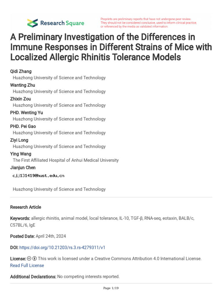 Allergic Rhinitis Mouse Model | PDF | Immune Tolerance | Allergy
