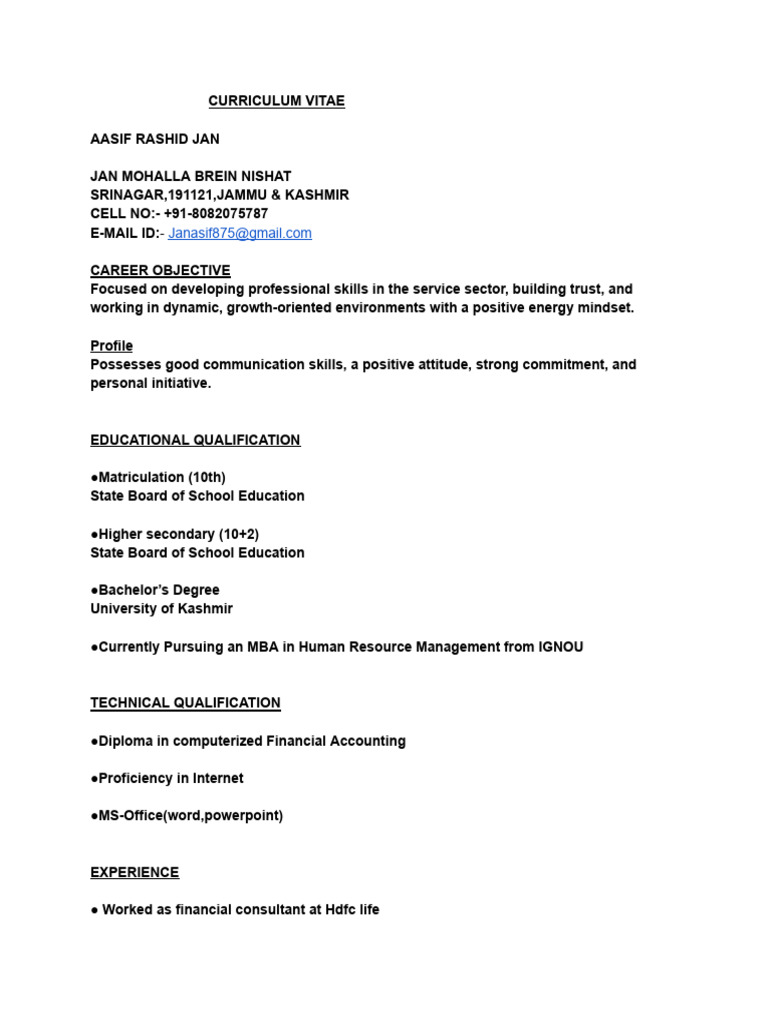 Aasif Rashid Jan's Professional CV | PDF