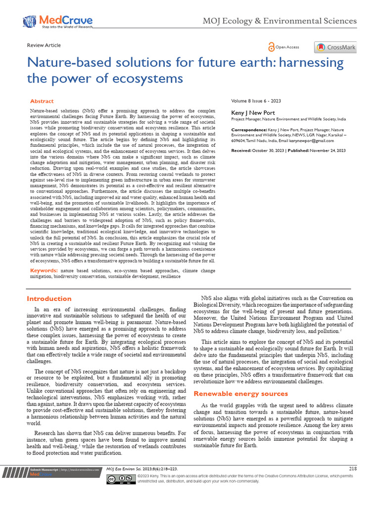 Nature-Based Solutions For Future Earth: Harnessing The Power of ...