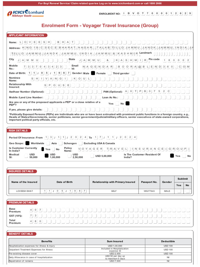 Voyager Travel Enrollment Form | PDF | Insurance | Hospital