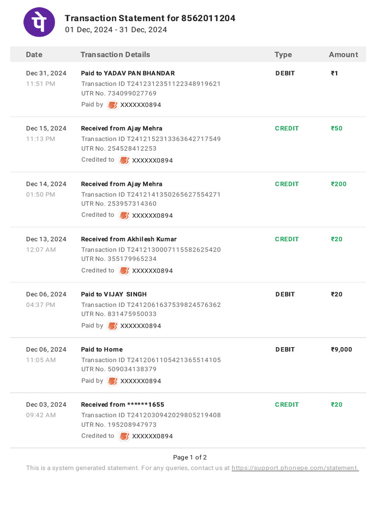 PhonePe Statement Dec2024 Dec2024 | PDF | Debit Card