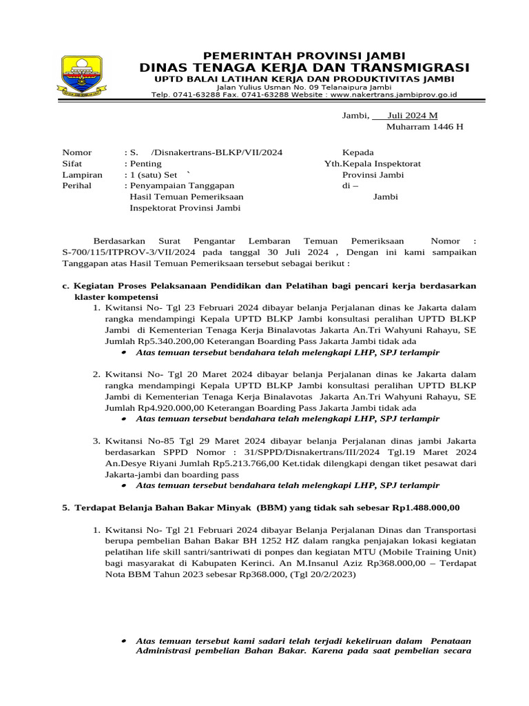 Surat Tanggapan LHP Inspektorat Tahun 2024.Doc | PDF