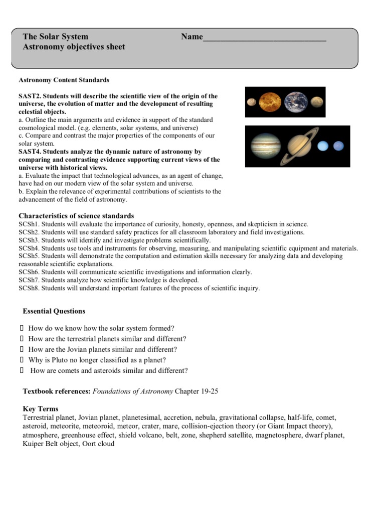 Solar System Objectives Sheet | PDF | Solar System | Planets