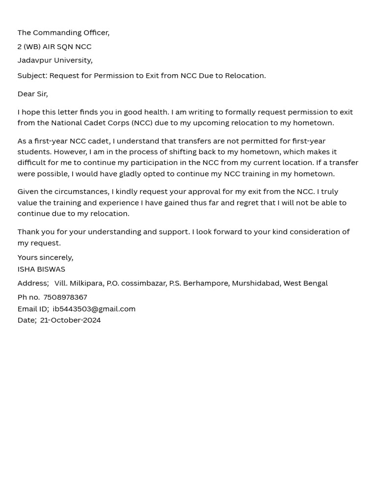 Subject Request For Permission To Exit From NCC Due To Relocation ...