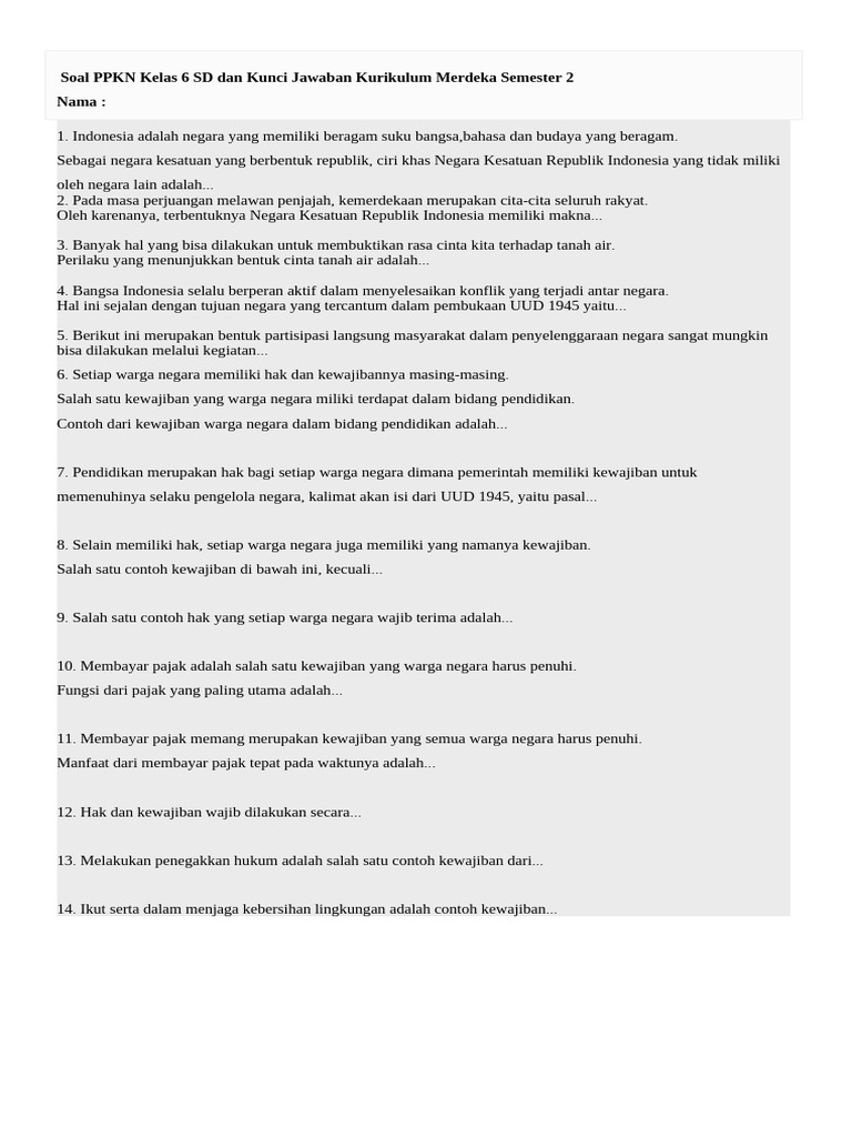 Soal PPKN Kelas 6 SD Isay | PDF