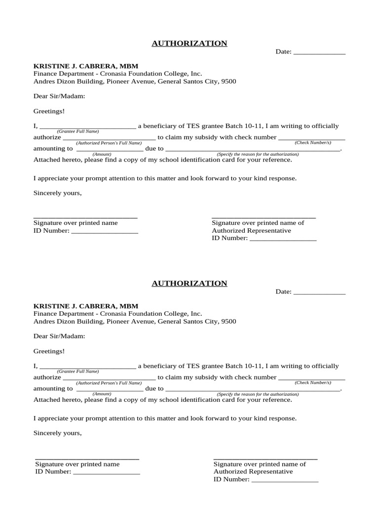 A TES SUBSIDY CLAIM Authorization Letter | PDF | Authentication ...