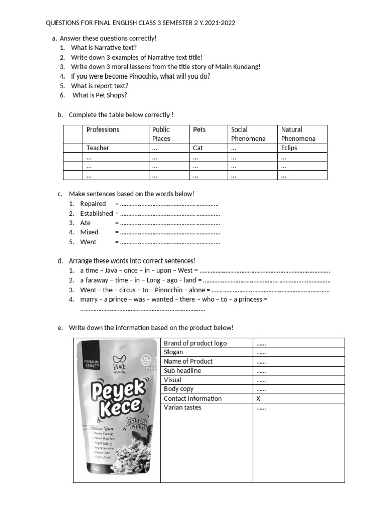 Questions For Final English Class 3 Semester 2 Y21-22 | PDF