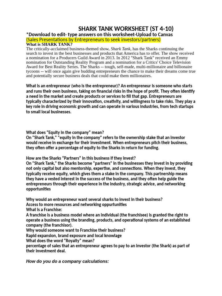 Shark Tank Worksheet 4 10 Copy | PDF | Franchising | Entrepreneurship
