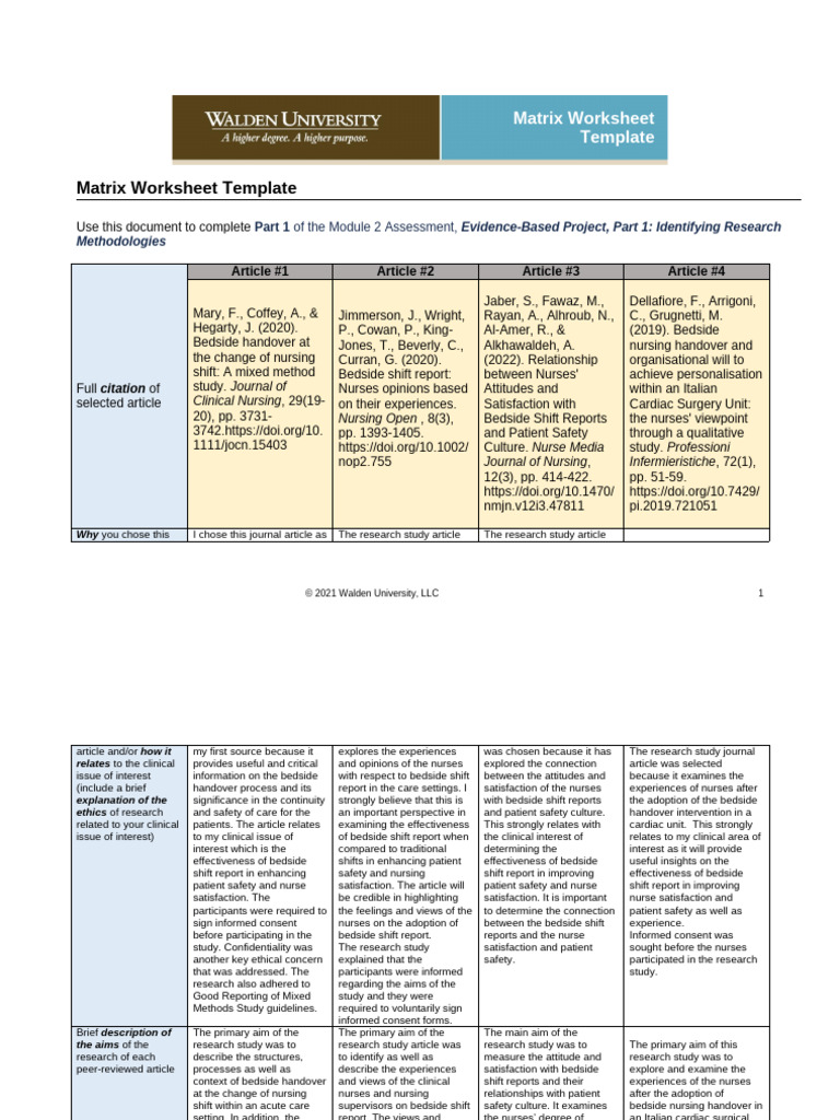 Bedside Shift Report Research Matrix | PDF | Methodology | Qualitative ...