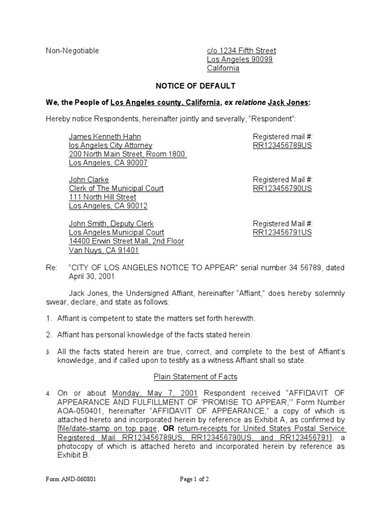 Notice of Default | Affidavit | Common Law