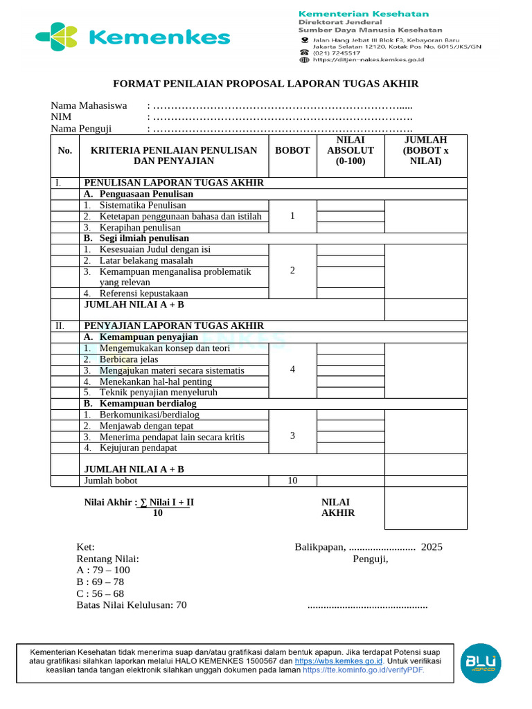 Format Penilaian Proposal LTA 2025 (Bagi Pembimbing) | PDF