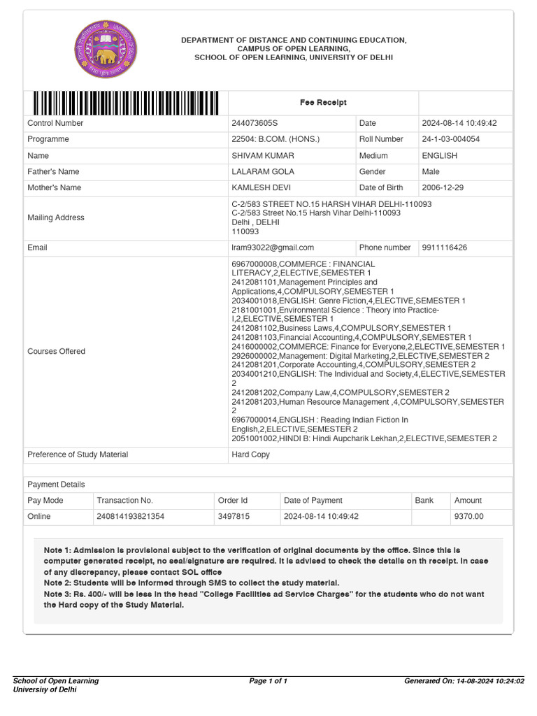 Fee Receipt | PDF | Receipt