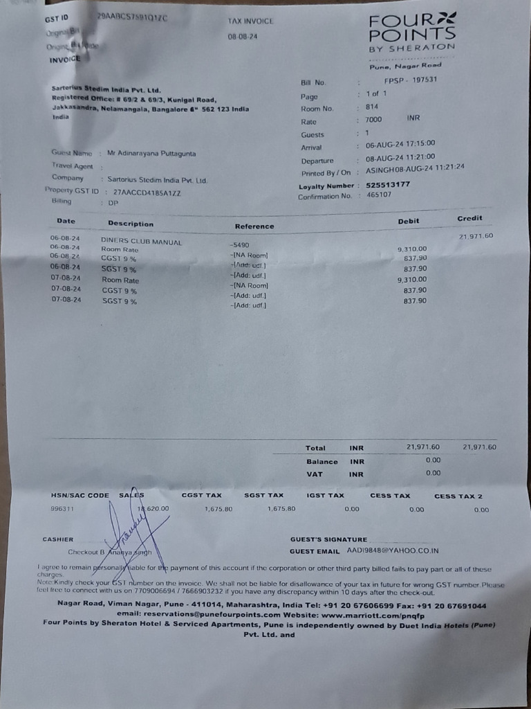 Sheraton Hotel Invoice Details | PDF | Invoice | Sales