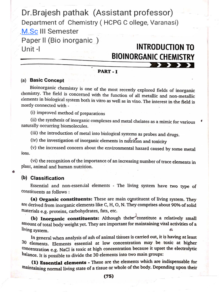 m.sc-iII Sem-paper-II-unit-1 Introduction To Bio Inorganic Chemistry (By-Dr. Brajesh Pathak) | PDF