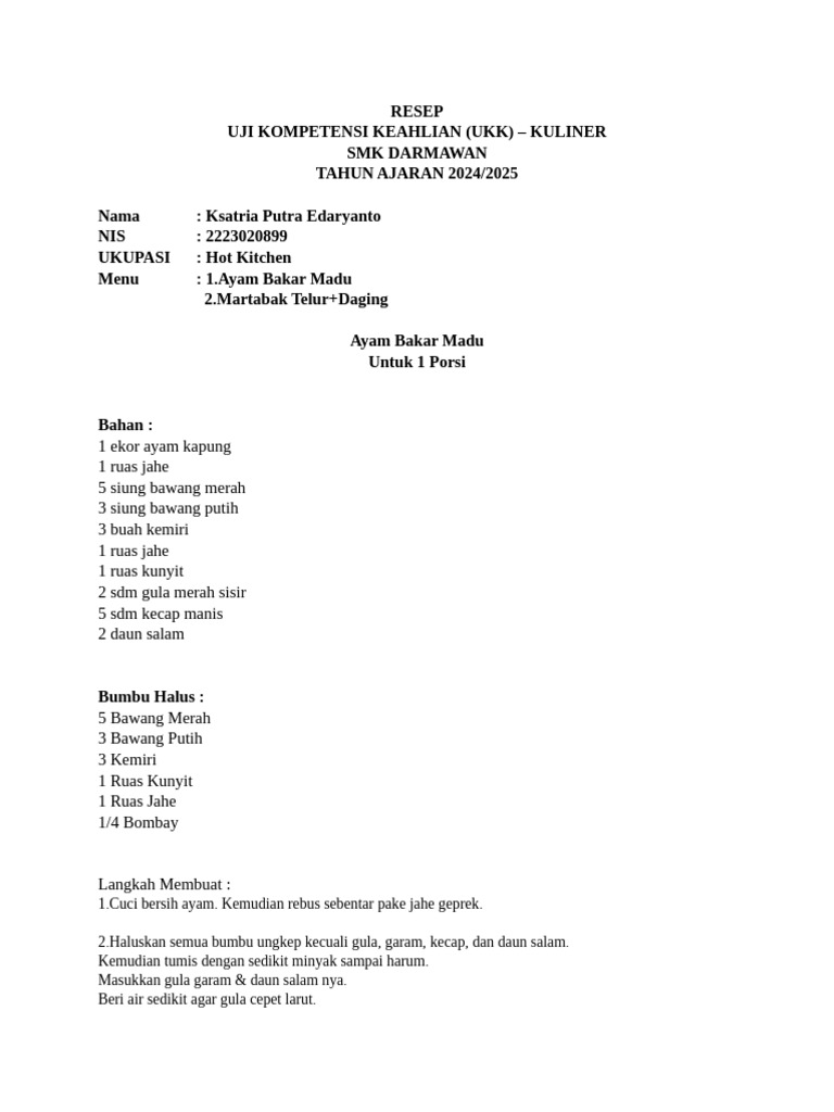Resep UKK Kuliner SMK Darmawan | PDF