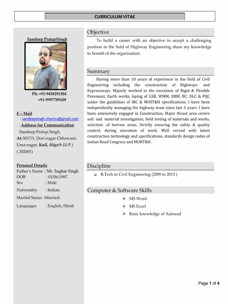 Sandeep Singh CV Asst. Manager Highway Exp-10+Yrs | PDF | Civil Engineering | Streets And Roads