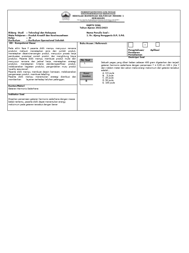 Blanko Kisi-Kisi Dan Kartu Soal BR | PDF