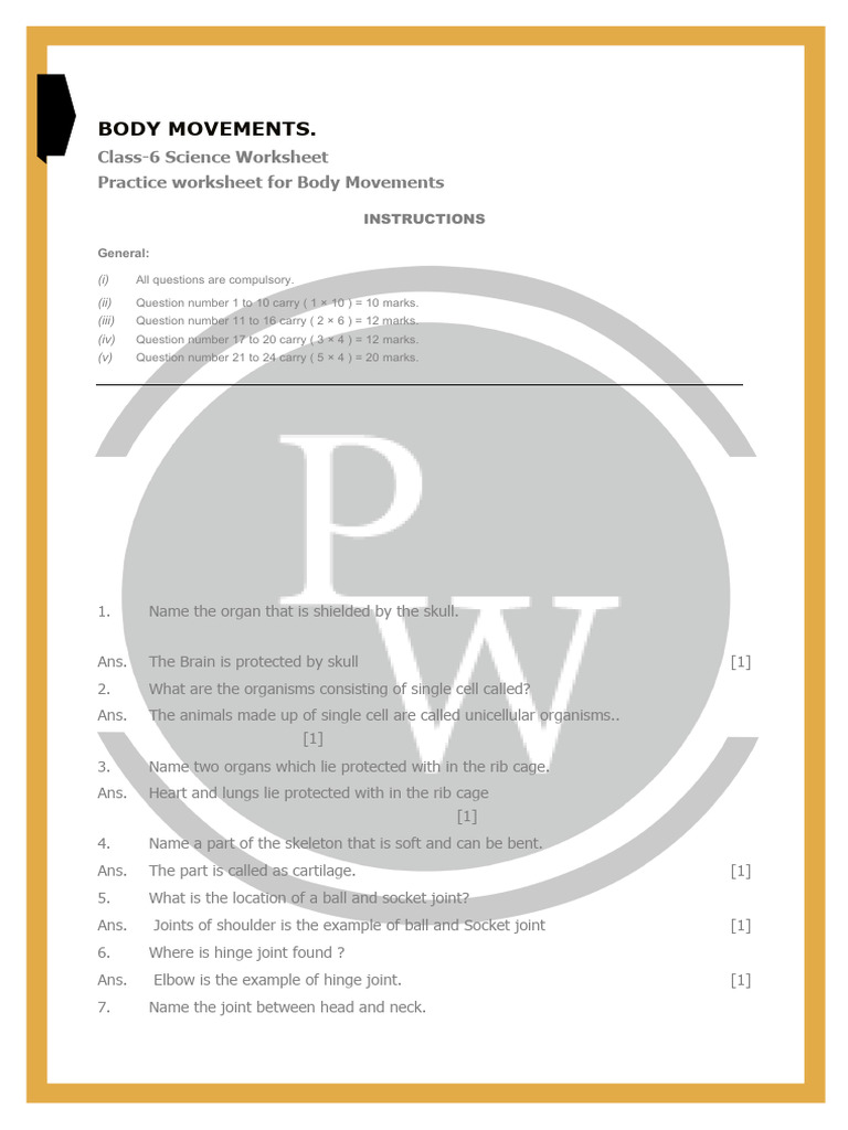 Body Movements.: Class-6 Science Worksheet Practice Worksheet For Body Movements | PDF | Skull ...