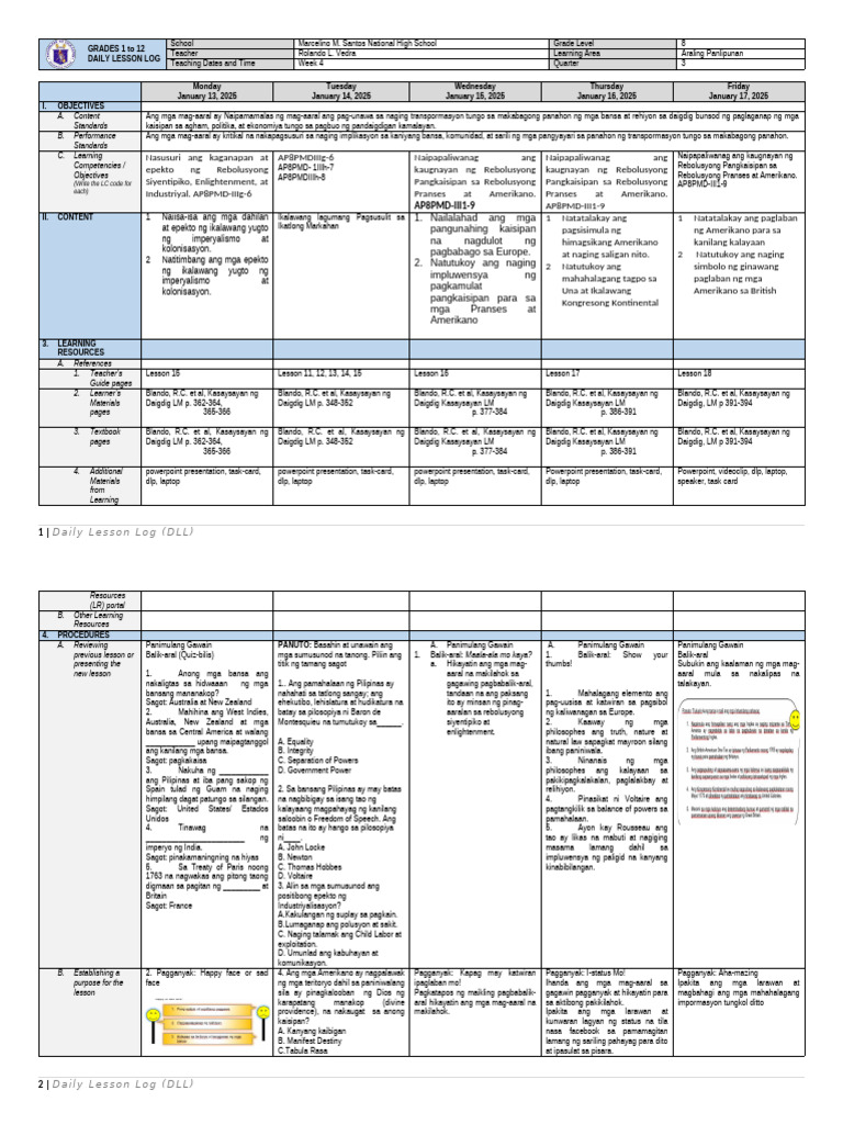 3rd Qrt Daily Lesson Log Week 4 | PDF