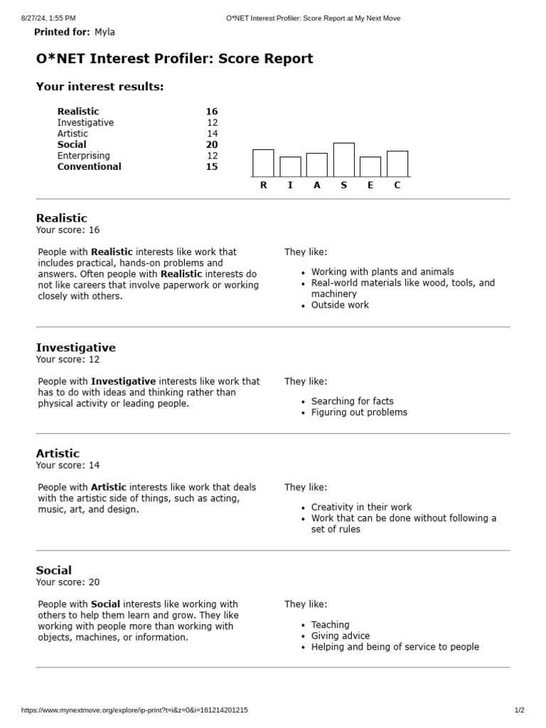 O - NET Interest Profiler - Score Report at My Next Move | PDF | Business