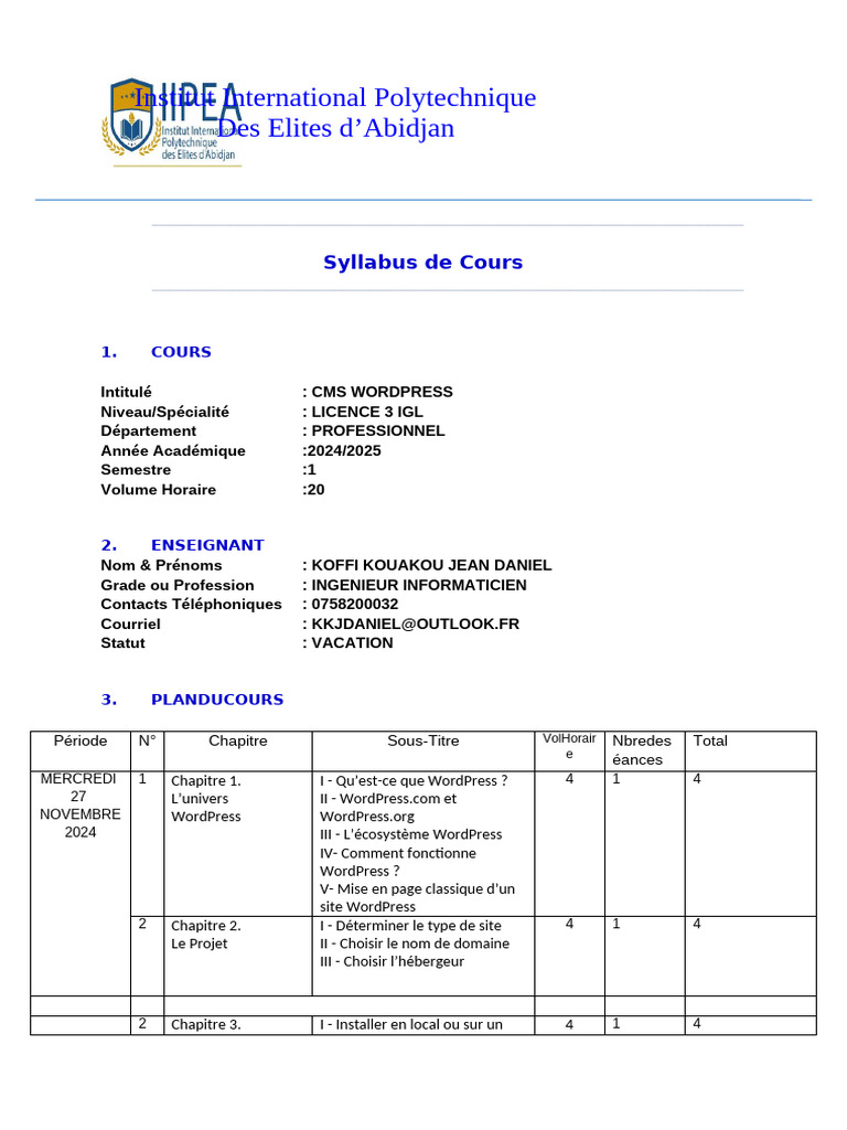 Syllabus du Cours WordPress 2024/2025 | PDF | WordPress | Internet
