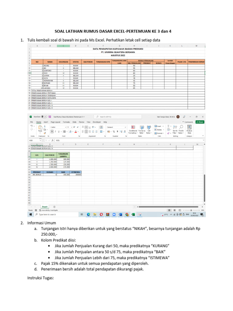 SOAL LATIHAN RUMUS DASAR EXCEL-PERTEMUAN 3 dan 4 | PDF