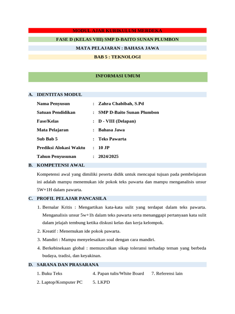 TEKS PAWARTA (RPP 1 PERTEMUAN) SUPERVISI (1) | PDF