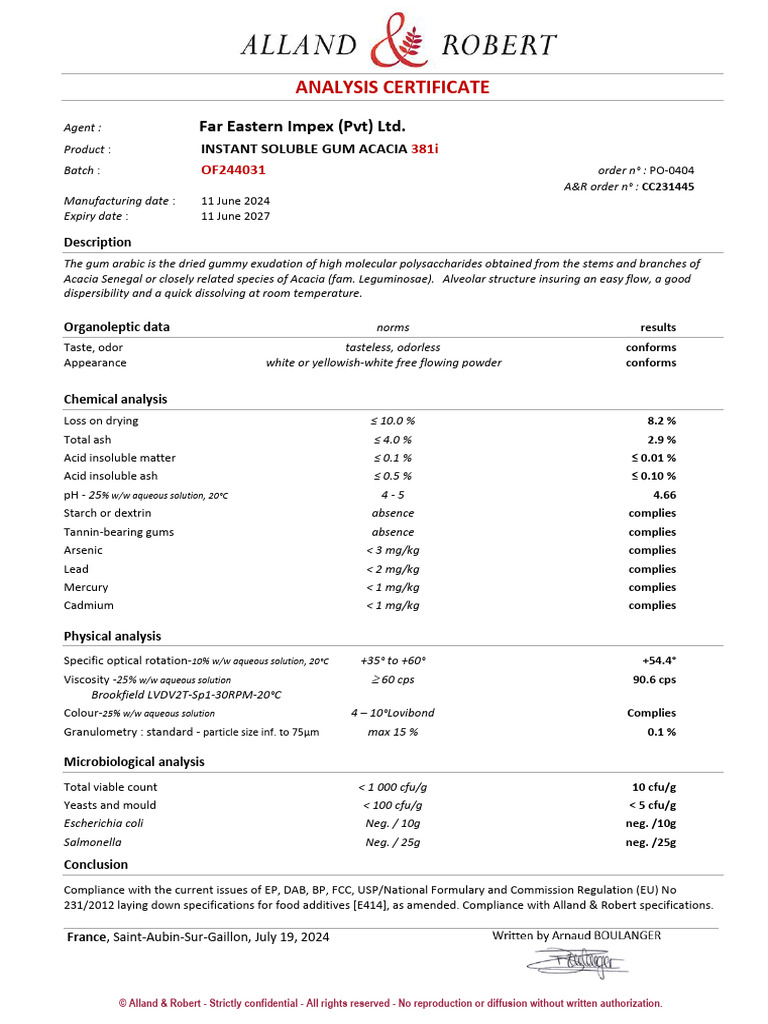 Coa Gum Acacia 381 (Of244031) 2 | PDF | Solubility | Chemical Substances