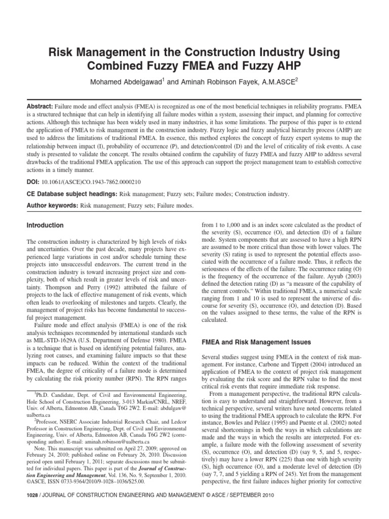 Risk Management in The Construction Industry Using Combine Fuzzy FMEA and Fuzzy AHP | PDF | Risk ...
