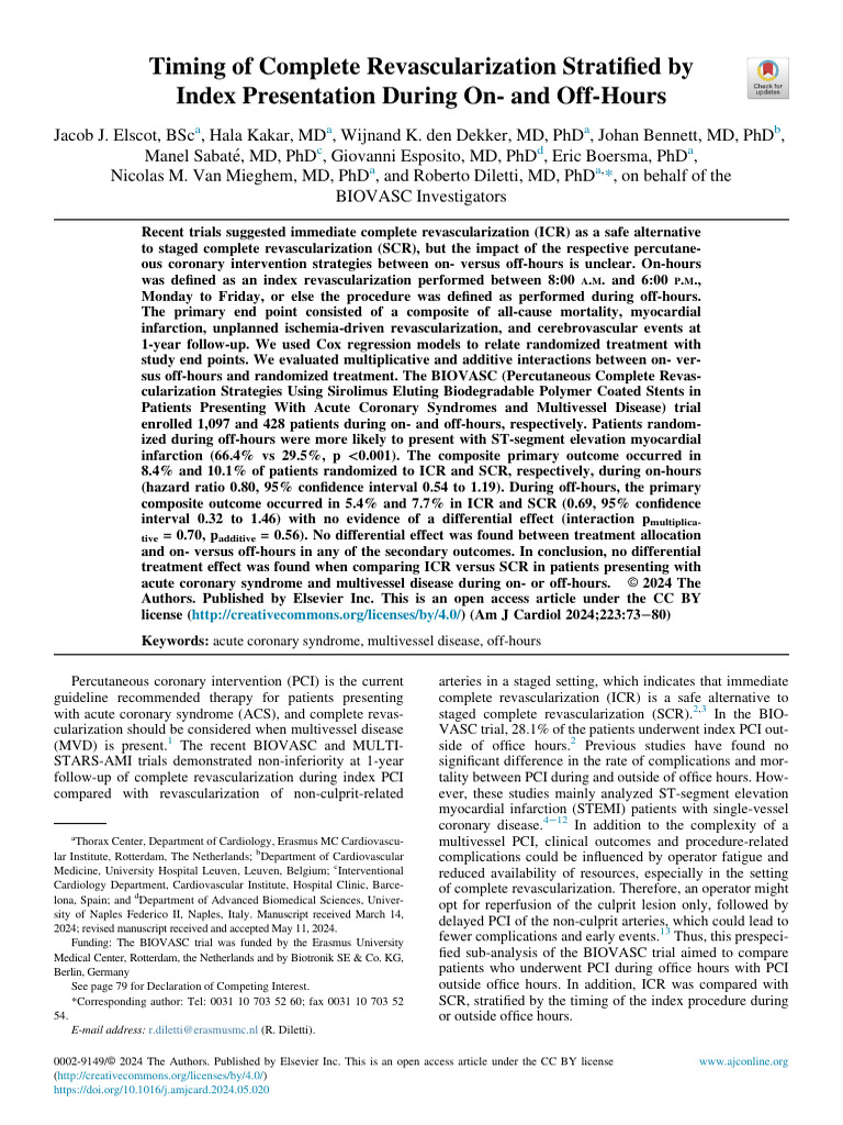 Timing of Complete Revascularization Stratified by | PDF | Myocardial ...